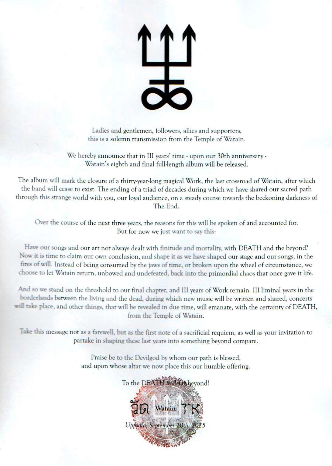 WATAIN – Release ‘Death Transmission’ Statement – Metal Planet Music